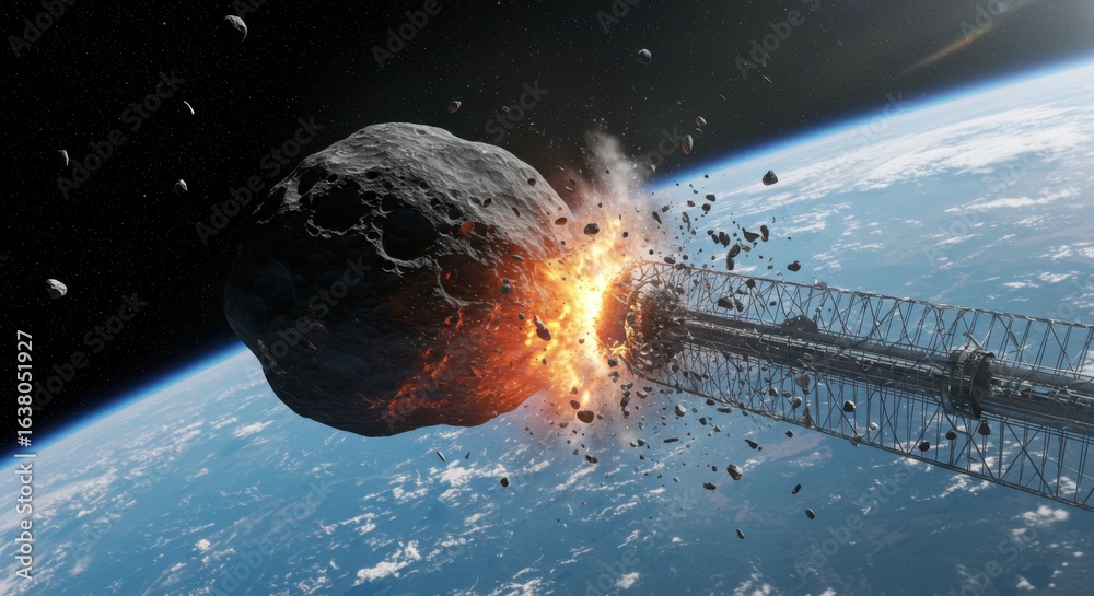 Giant asteroid crash collides with a space defense system above planet ...