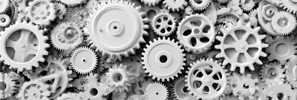 Foto de Stock Interlocking white cogs and gears of varying sizes create ...
