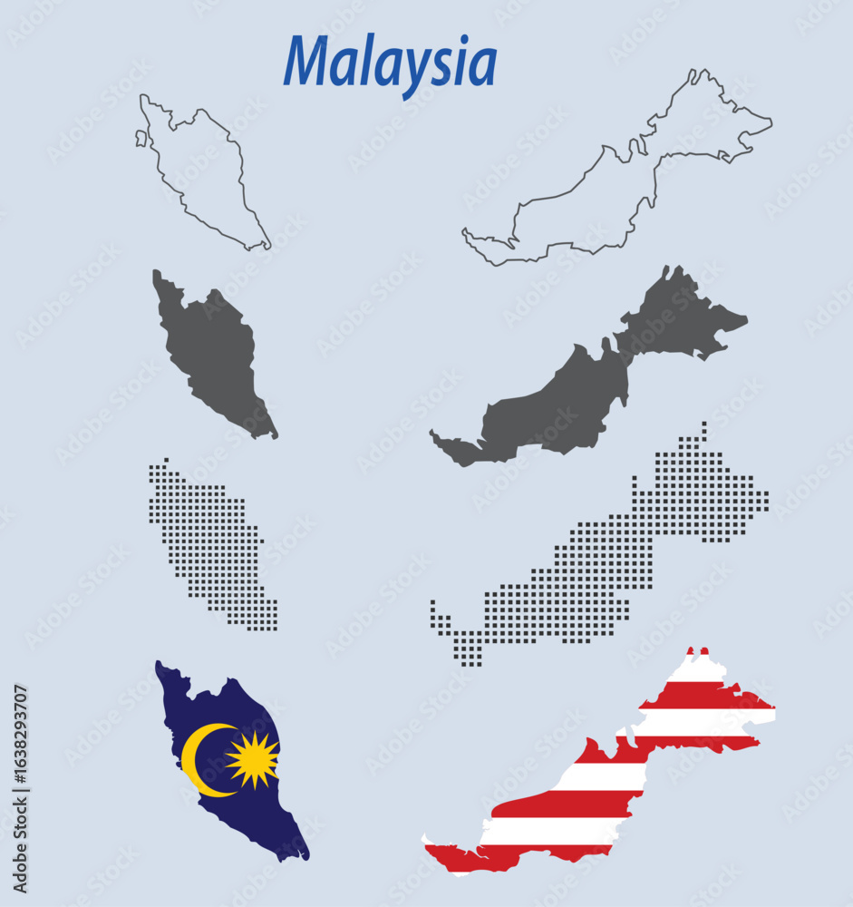 Malaysia map in different styles, map in black,national colour dotted ...
