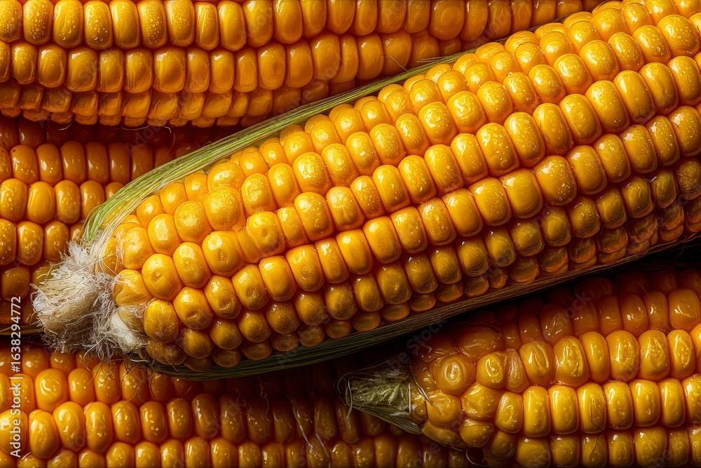 Ripe corn cobs with water droplets create a textured, golden background ...