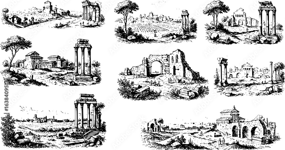 Vintage roman scenery sketches: hand drawn engravings of landscapes and ...