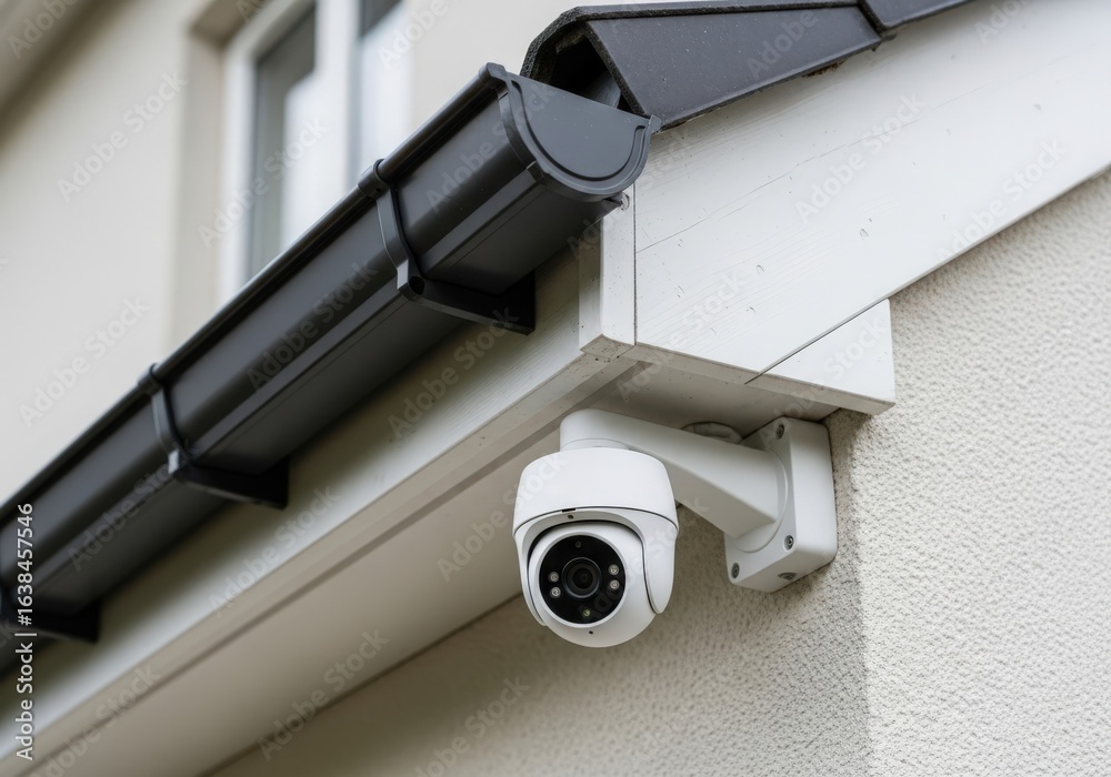A detailed view of a security camera mounted under a roof eave ...