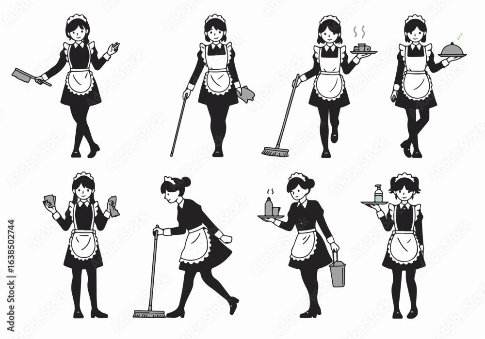 Diverse black and white vector illustrations of maids performing ...