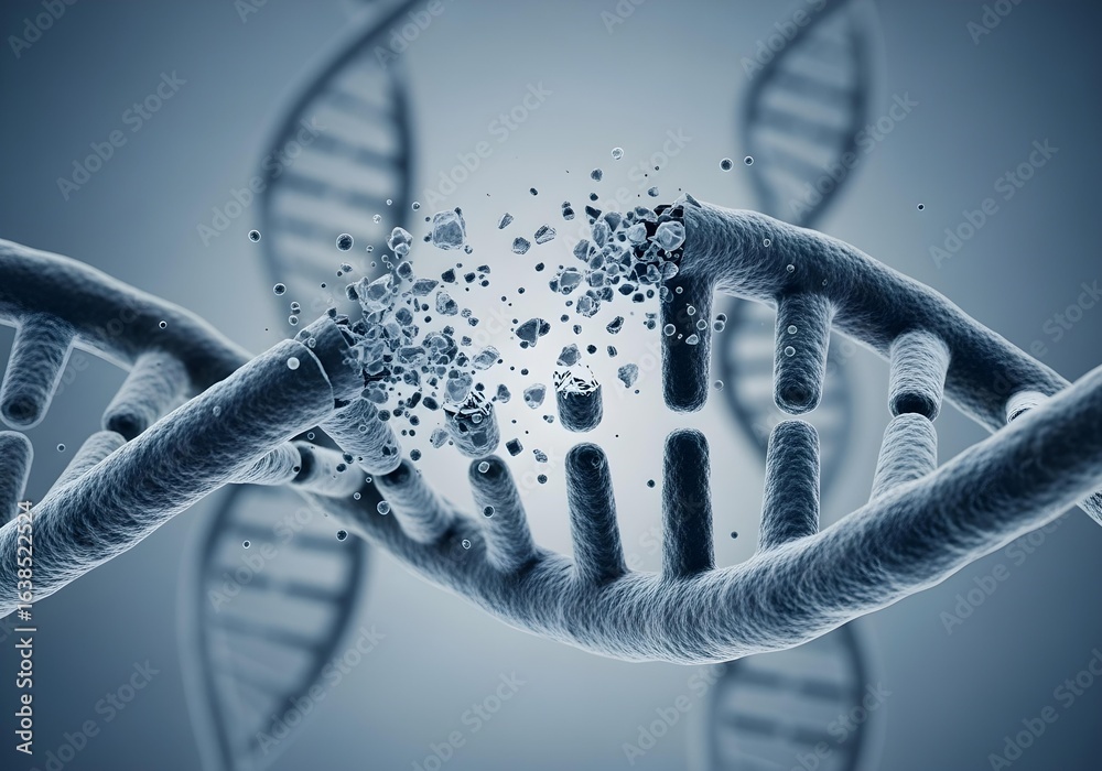 Black and white DNA helix shattering into crystal like fragments ...