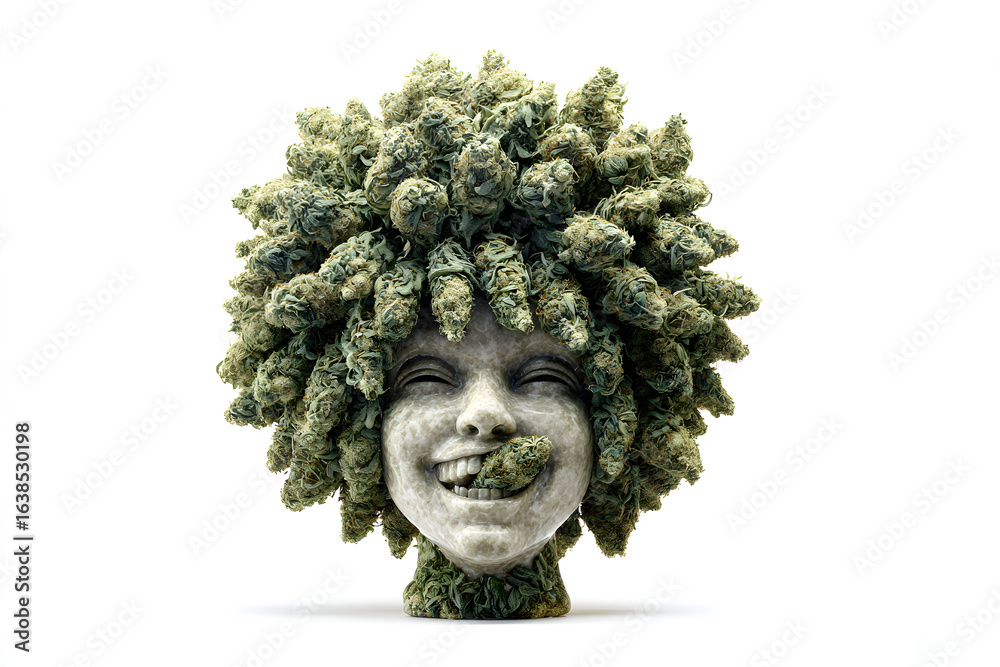 Stone head with a hairstyle made from marijuana weed buds and leaves in ...