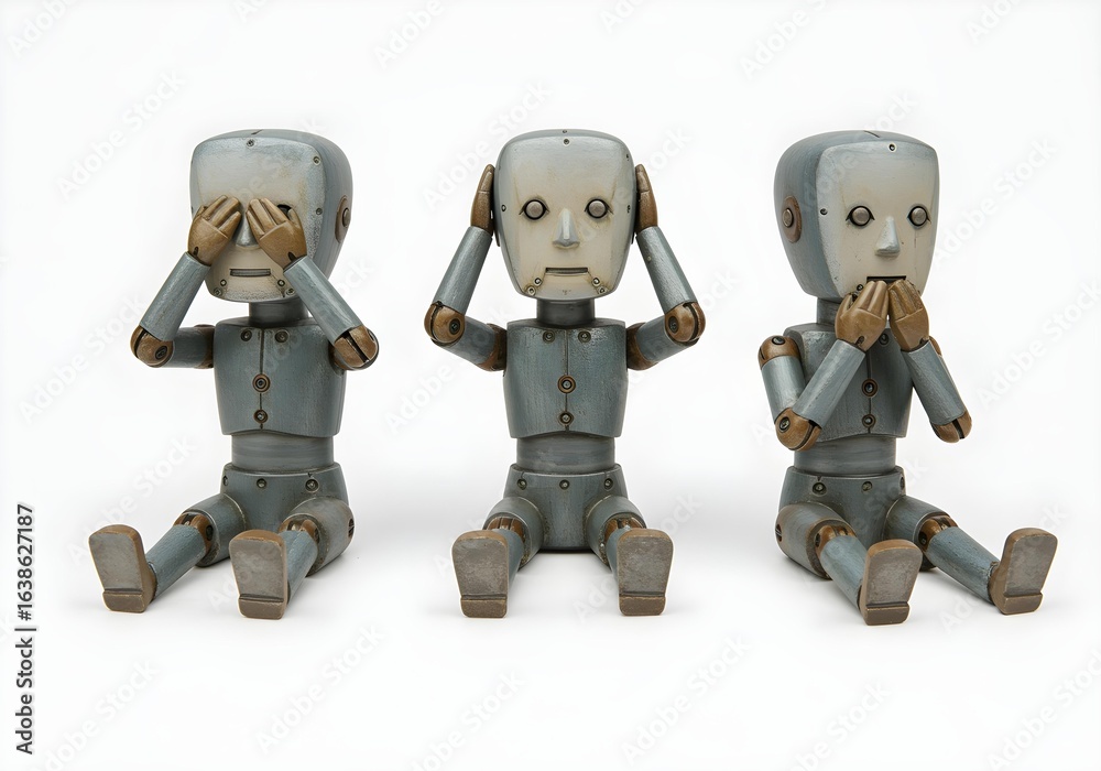 Three vintage style wooden robots in see no evil hear no evil speak no ...