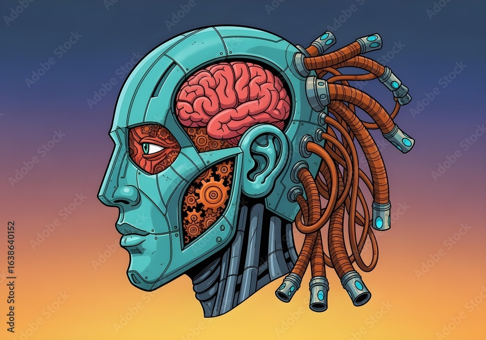 Futuristic blue humanoid robot head with exposed brain and gears ...