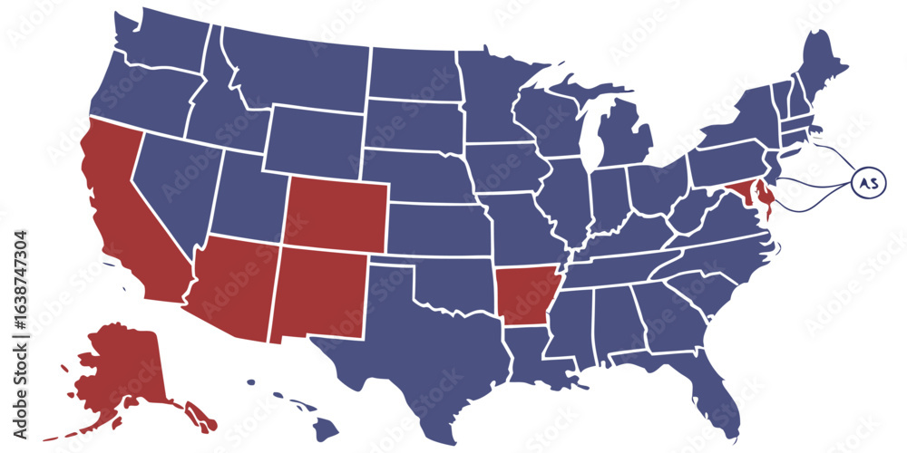 United States map with selected states highlighted in red and blue USA ...