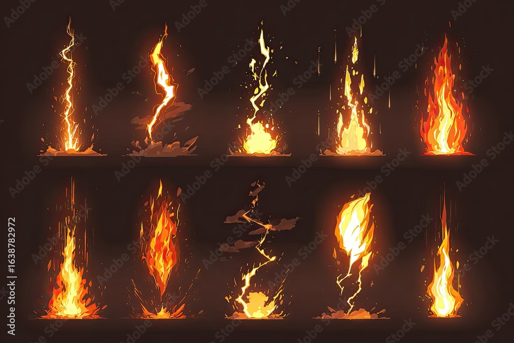 Collection of stylized fire and lightning effects. Various fire and ...