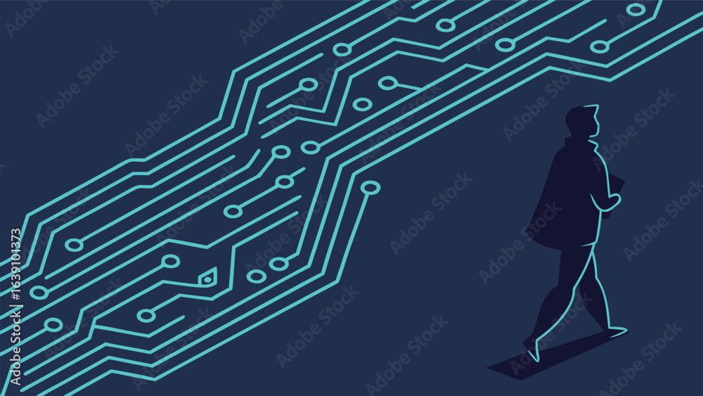 Man walking through digital circuit pathway representing technology and ...