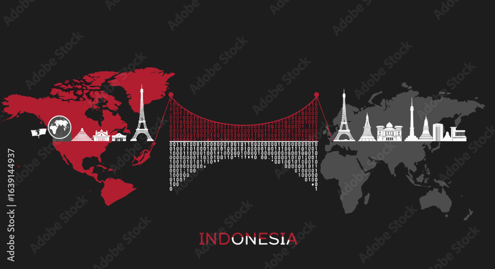 A symbolic bridge connects continents featuring famous landmarks from ...