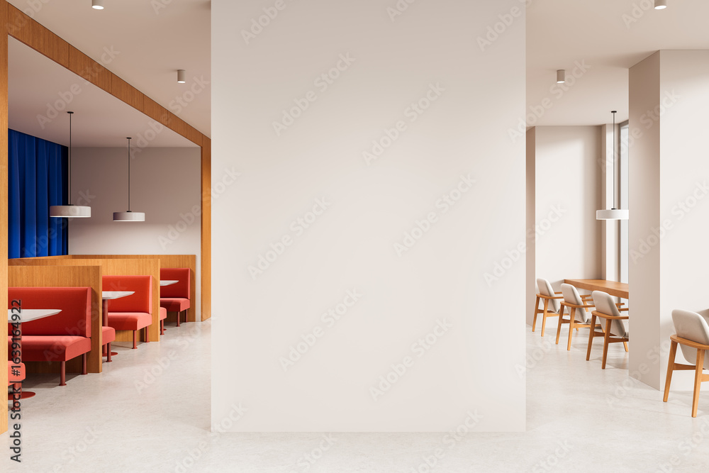 Empty wall mockup in modern cafe interior with red booths and wooden ...