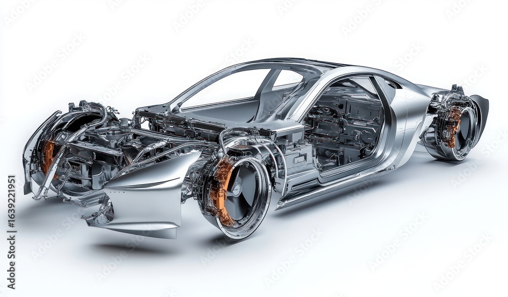 Cutaway view of a sleek sports car chassis and frame showcasing exposed ...