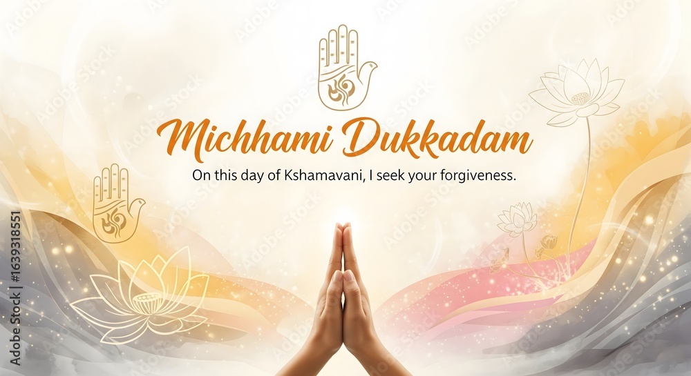 Jain festival michhami dukkadam with praying hands and spiritual aura ...