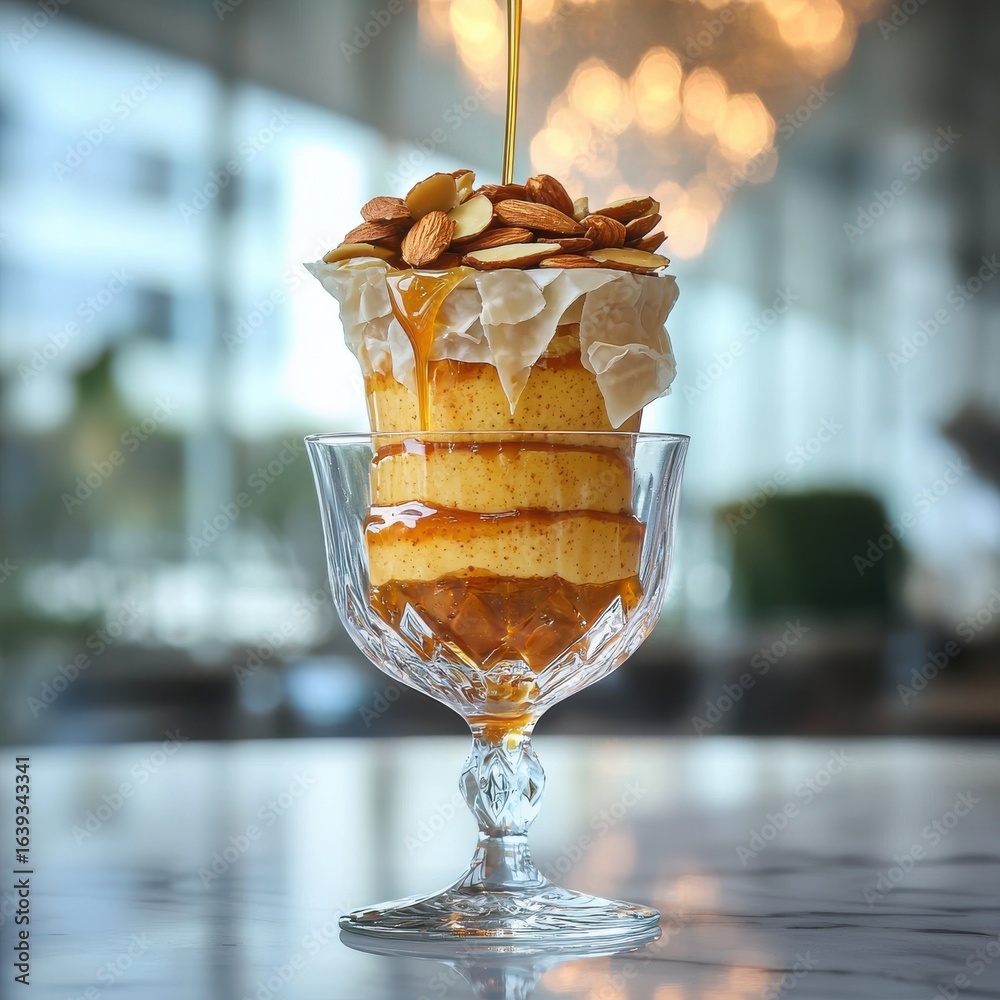 ภาพถ่าย Stock Layered saffron custard dessert with honey sauce and nuts ...