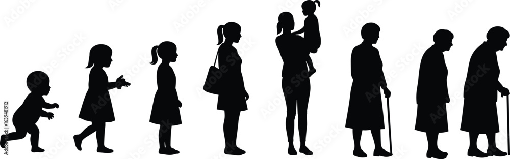 Woman life stages silhouette, female growing from baby to elderly ...