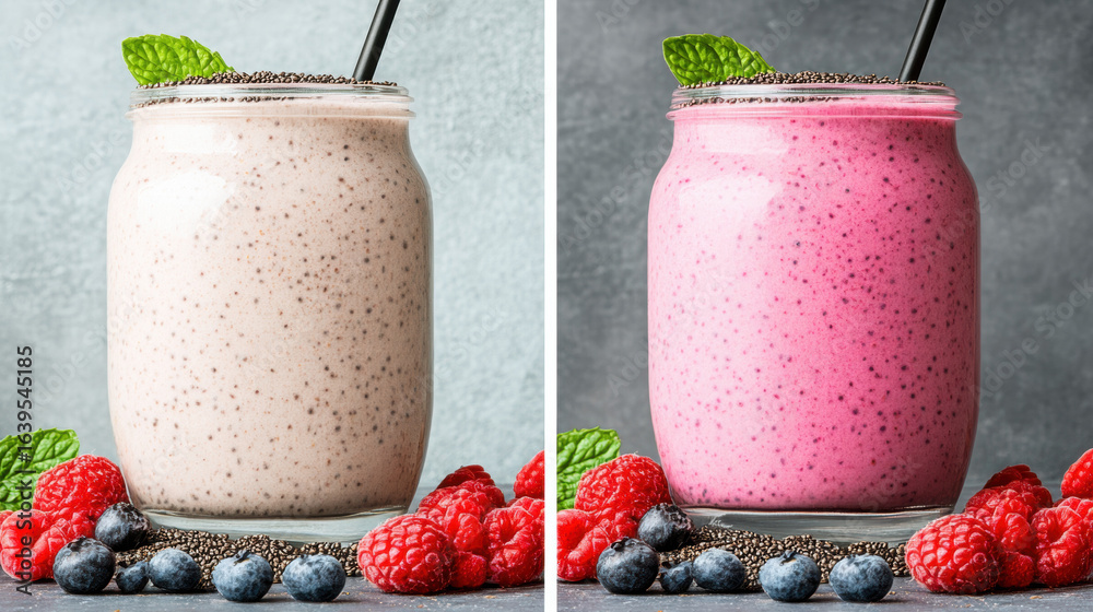 Healthy food vs junk food, Smoothie with chia seeds compared to a ...
