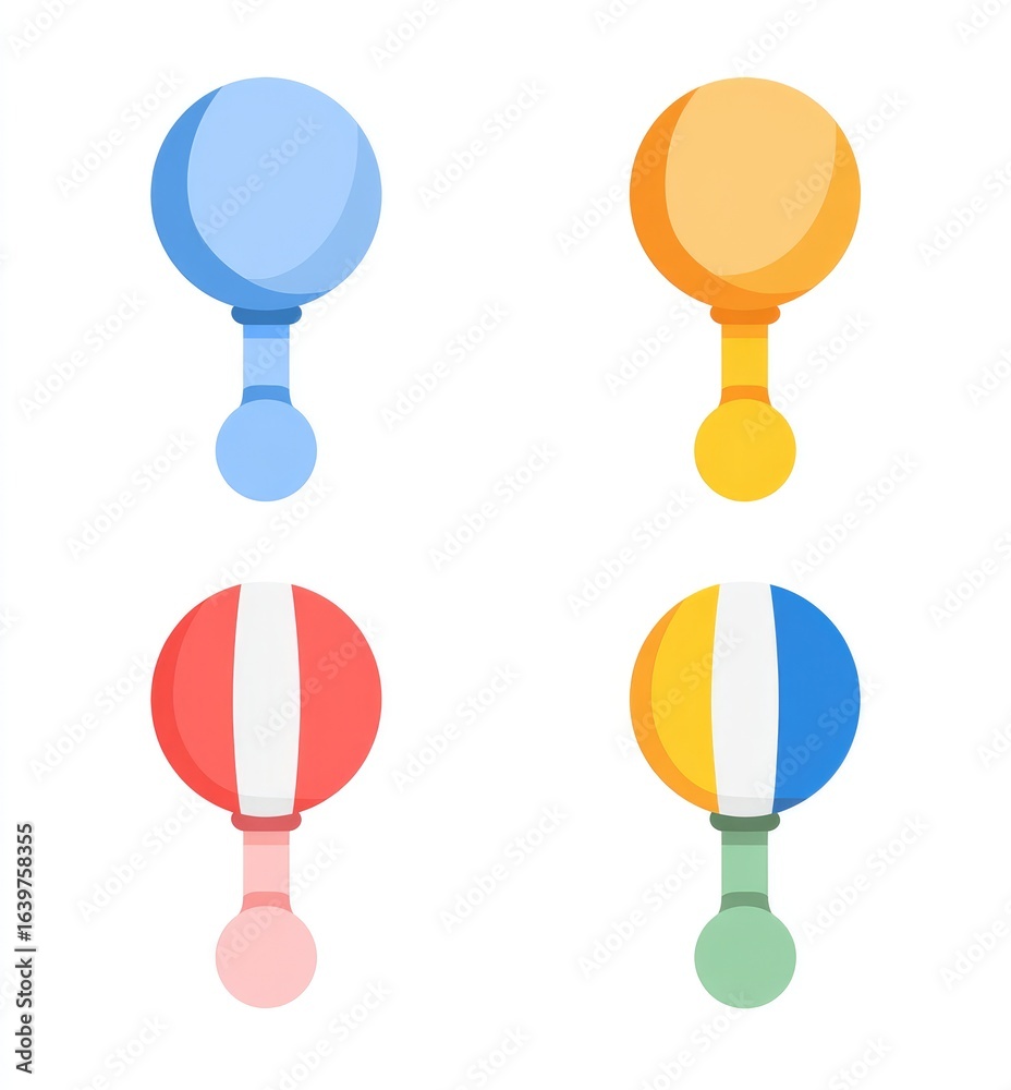 Four colorful rattle toys, simple design. Each is a sphere connected to ...