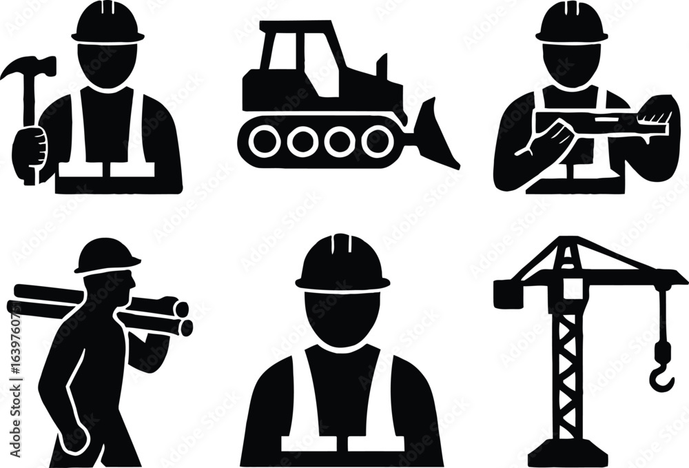 Construction workers icons set offers bold graphics for builder ...