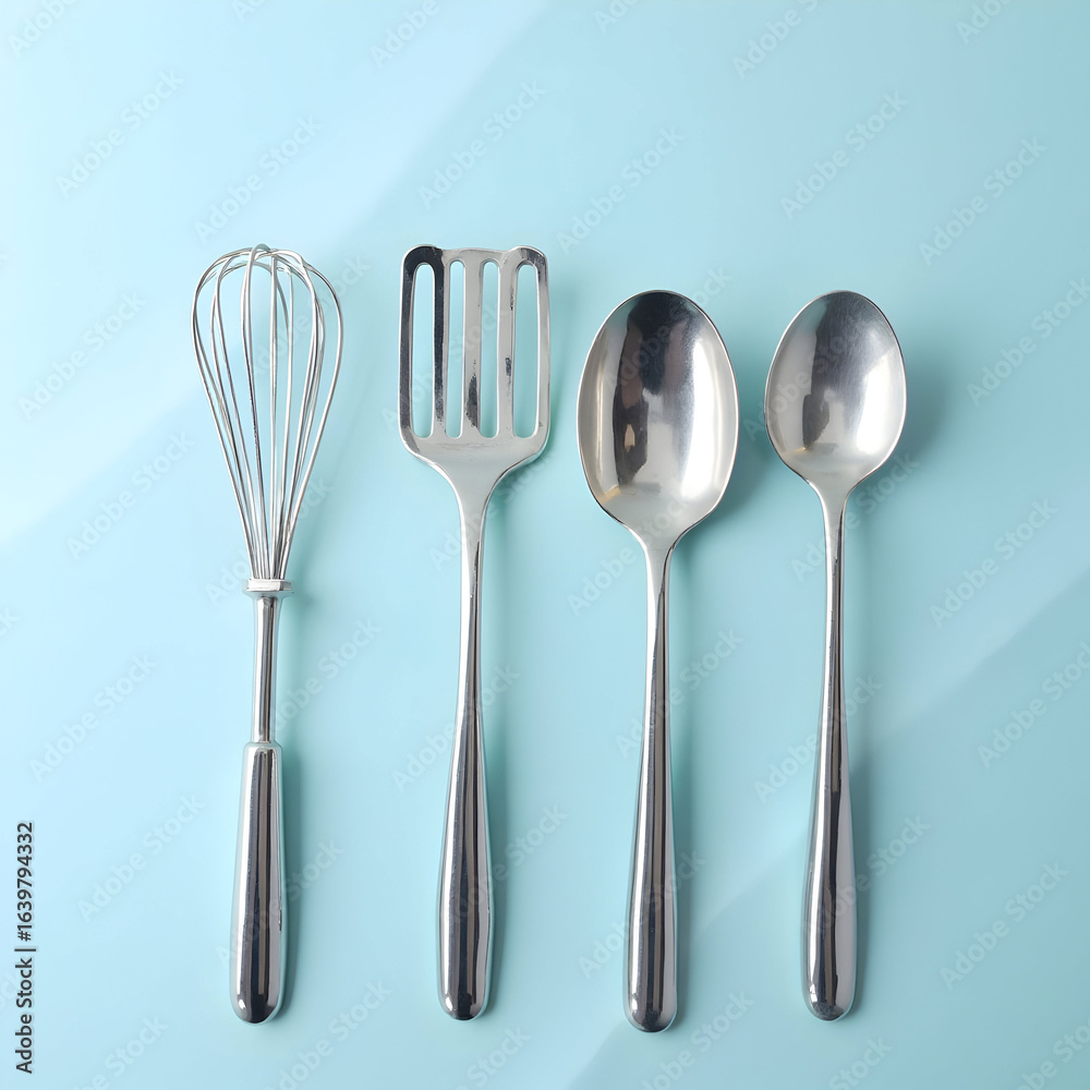 Front view of stainless kitchen tools lying side by side on soft blue ...