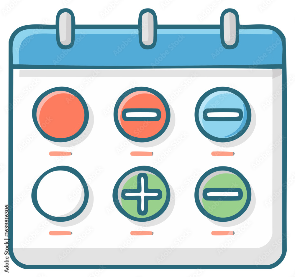 Cartoon calendar with different symbols. Plus, minus, and empty circles ...
