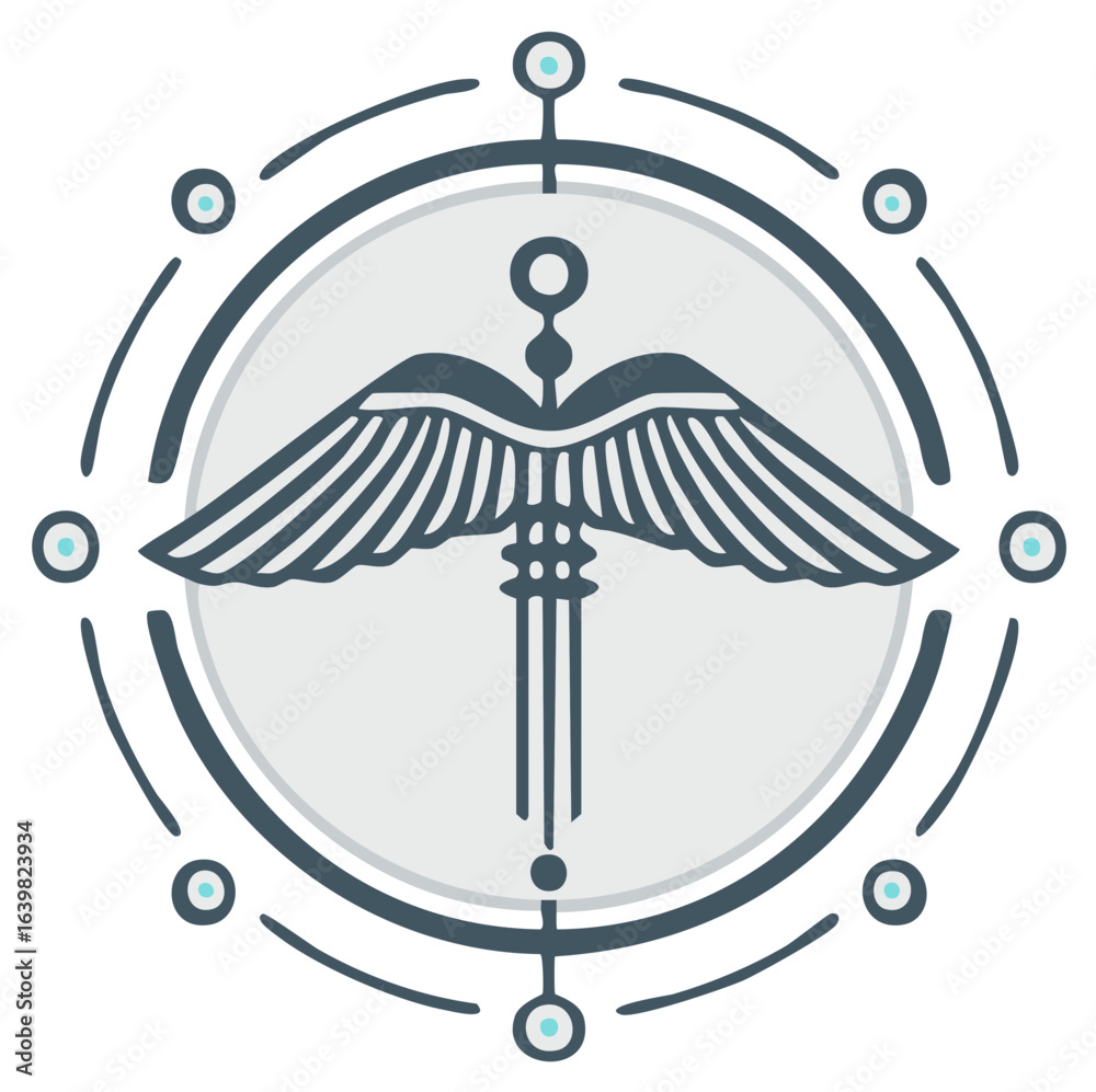 Modern winged staff symbol within a circular network design ...
