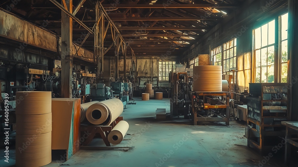 Inside an Old Paper Factory with Machinery and Paper Rolls Stock ...