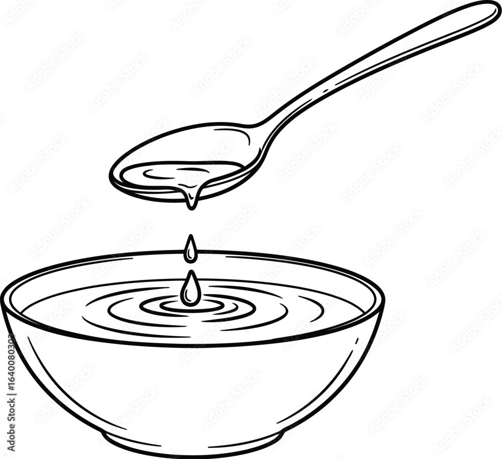 Spoon with liquid dripping into a bowl, a simple line drawing ...