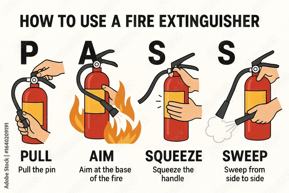 Guide to using fire extinguisher with pass method illustrated for ...