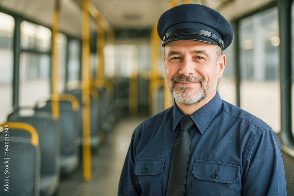 High resolution, ultra realistic portrait of a friendly middle-aged bus ...