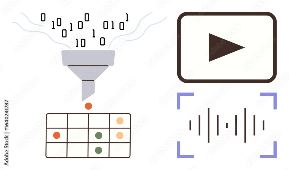 Binary digits flow through a funnel into a data chart, with play button and audio waveforms ...