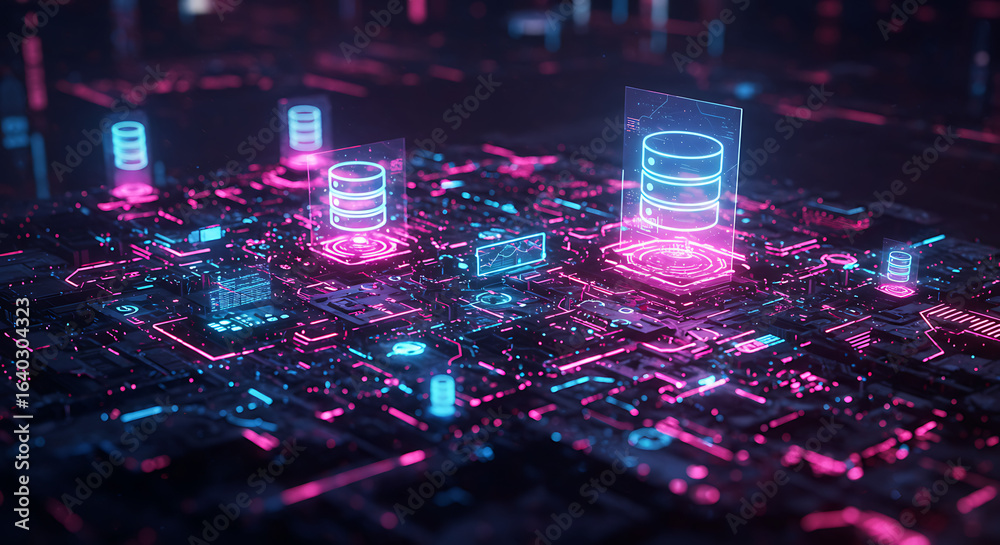 Futuristic neon glowing database servers on a high-tech circuit board ...
