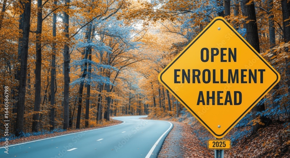 Open Enrollment Ahead Sign Along Autumn Road: Insurance, Benefits, and ...