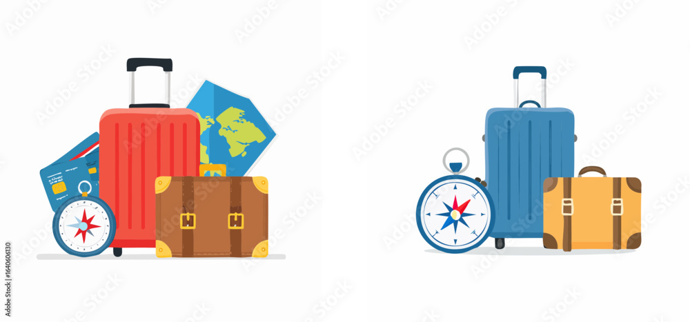 Two colorful sets of travel luggage with suitcases, compasses, a map ...
