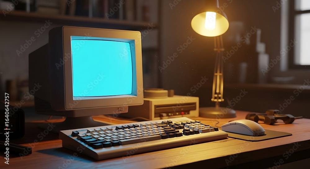 Vintage computer setup on a wooden desk with a lamp illuminating the ...
