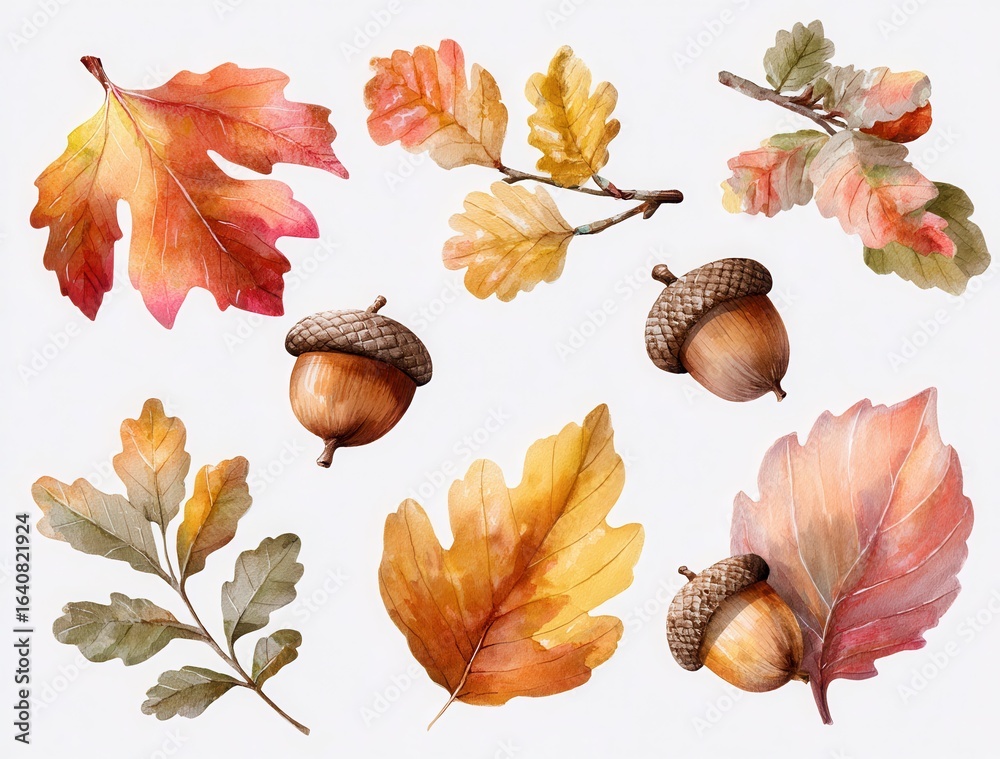 watercolor autumn leaves and acorns clipart set Stock Illustration ...