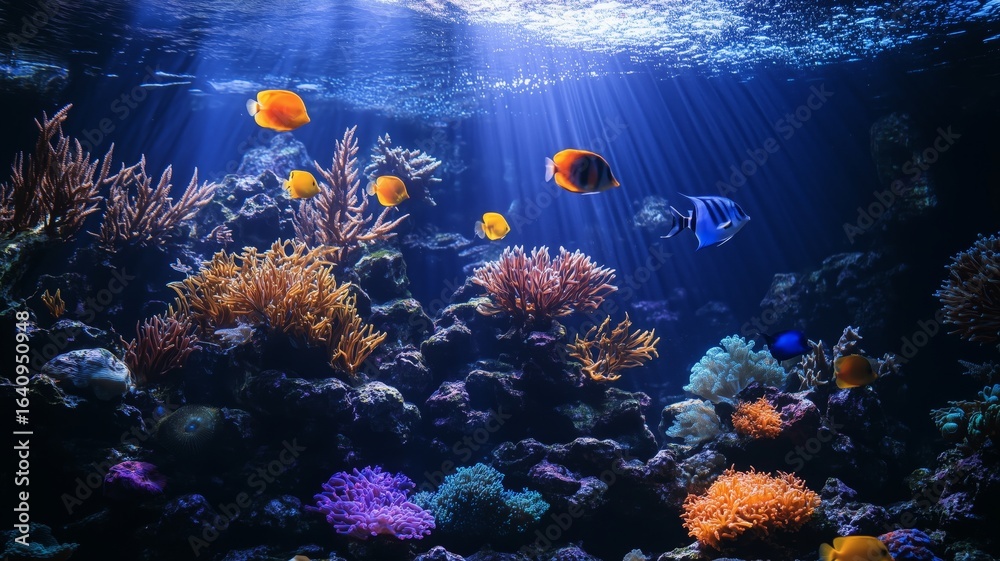 Explore a vibrant aquarium with interactive color and current features ...