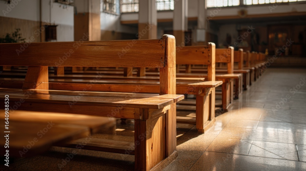 Wooden Church Pews in a Row with Sunlight Streaming Through Windows ...