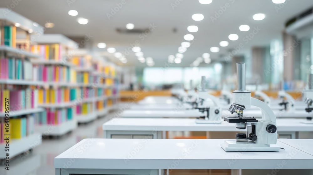 Microscopes Arranged on Tables in a Bright Research Lab, Promoting ...
