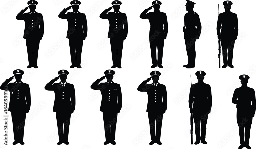 Military soldier silhouette group, saluting army officers, standing ...