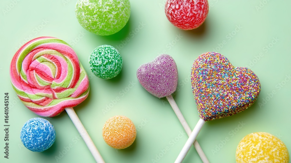 Various Shapes And Colors Of Lollipops, Including Spiral And Heart ...