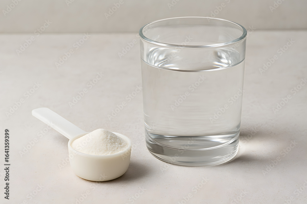 Powder with Water: A clear glass of water and a scoop of white powder ...