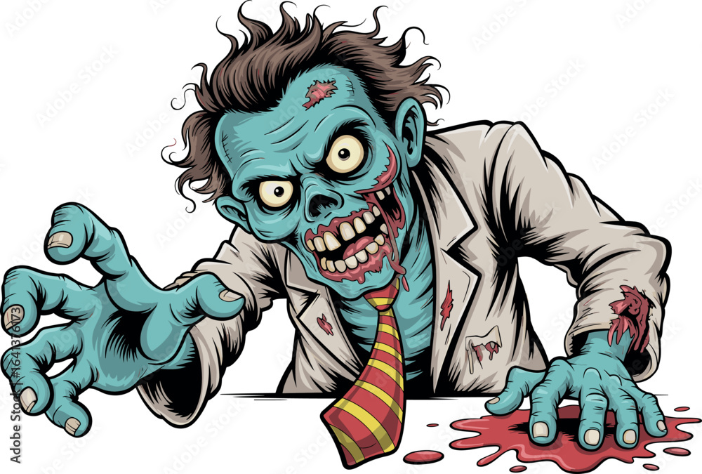 Cartoon zombie character, blue skin, wild hair, lab coat, striped tie ...