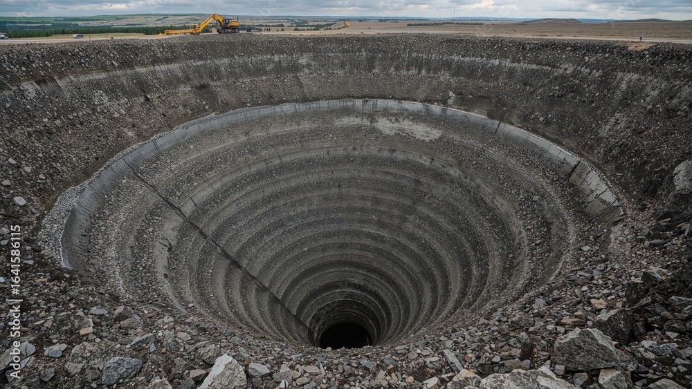 Large-scale diamond pipe mine featuring a 525-meter depth and 1,200 ...