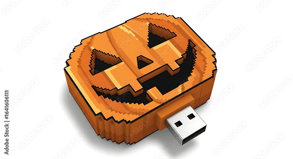 Pixelated pumpkin USB drive on a plain background, a fun and festive ...