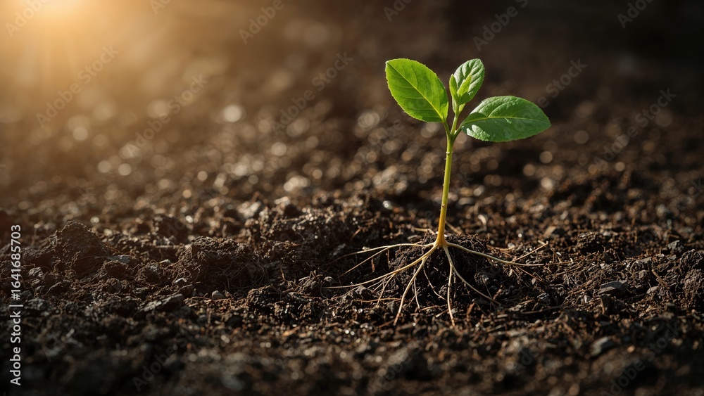 Young vegetation growing in sunlit soil, highlighting ecological and ...