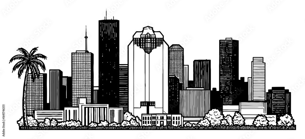 Houston Texas City Skyline with Tall Modern Buildings and Palm Tree ...