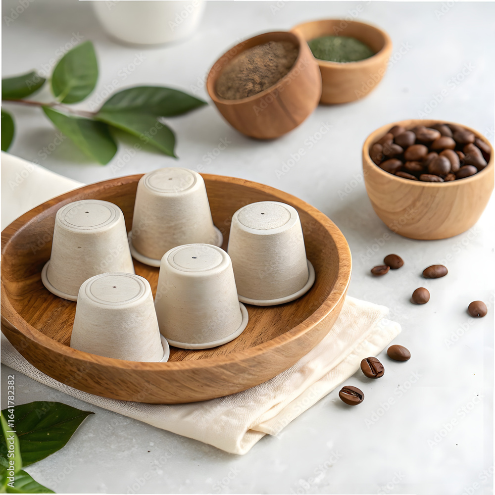 Compostable coffee pods made from plant-based material, neatly arranged ...