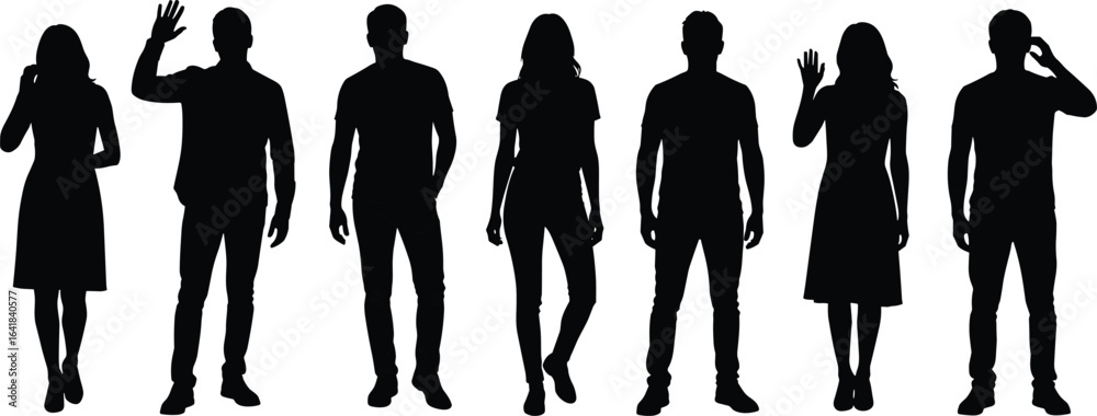 Silhouette people standing, walking, waving, talking, vector ...