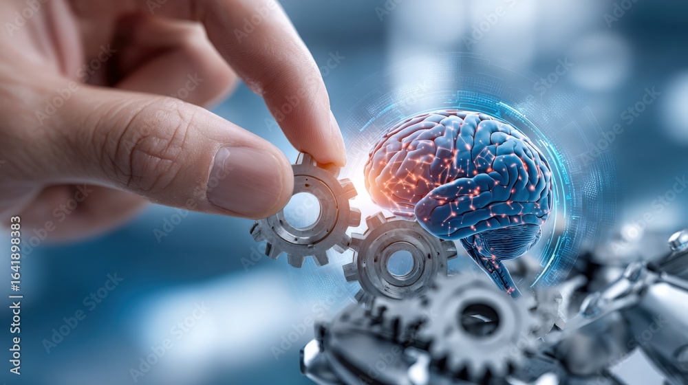 Artificial Intelligence Integration: Hand Placing Gear Next to Brain ...